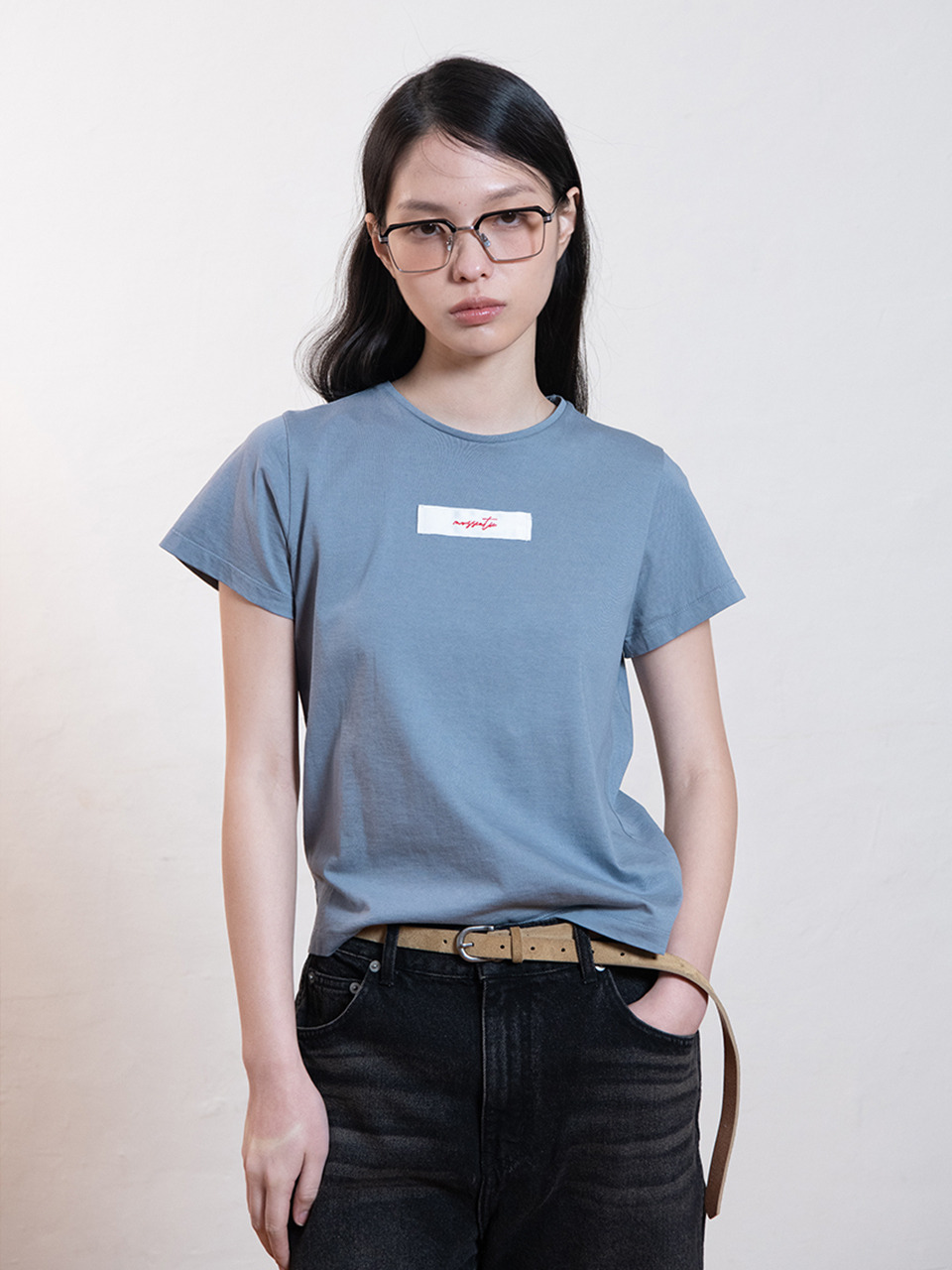 Label slim fit T-shirt_Dusty Blue - HAGO(하고)