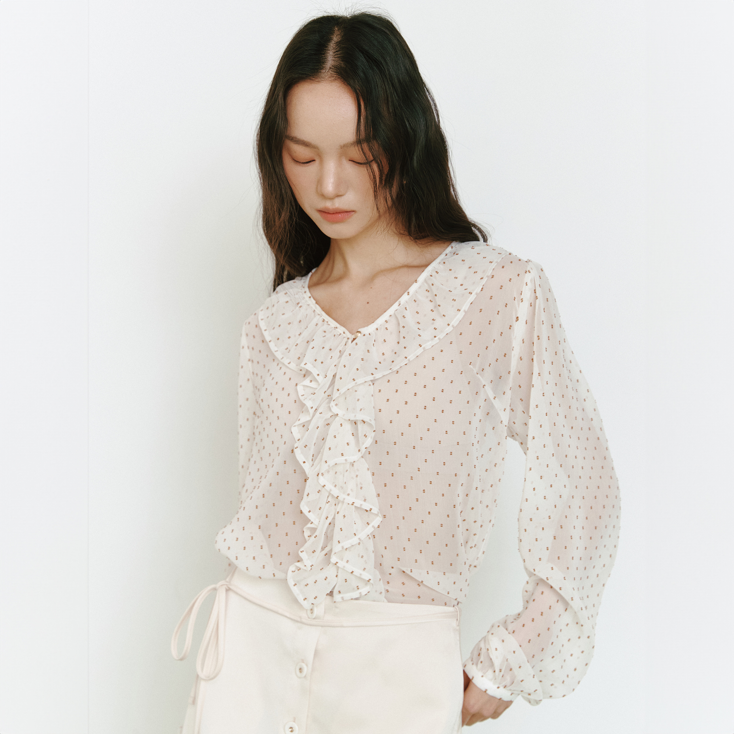 Twisty Dot Sheer Blouse_beige - HAGO(하고)