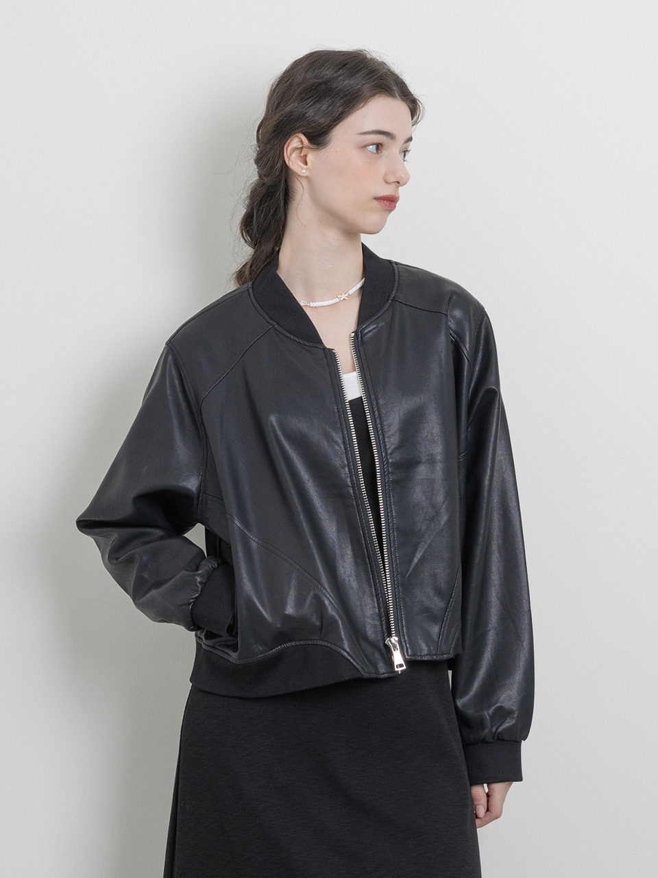 AR_Crew neck black leather Jacket - HAGO(하고)