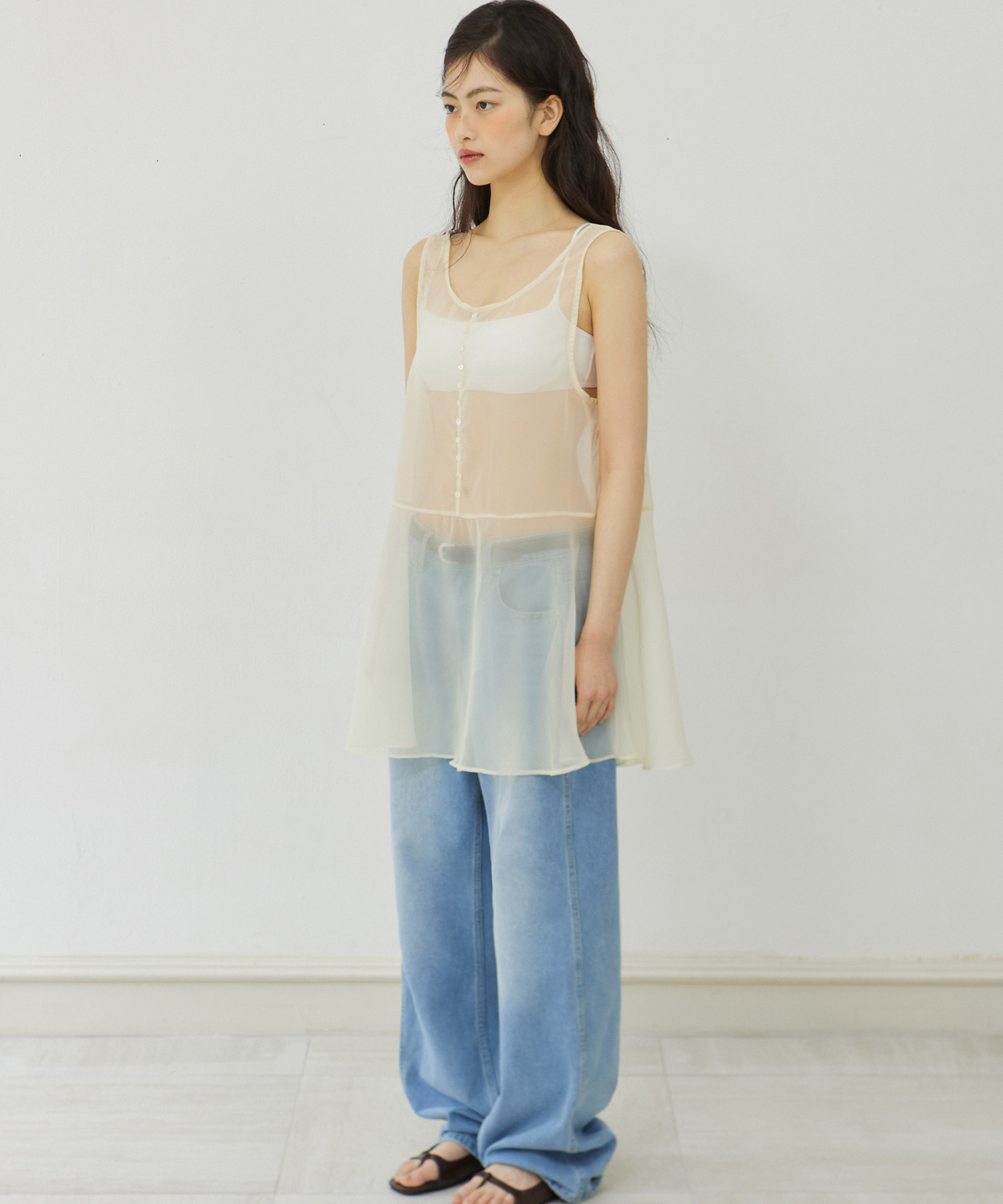 SHEER BUTTON LAYERED DRESS CREAM - HAGO(하고)