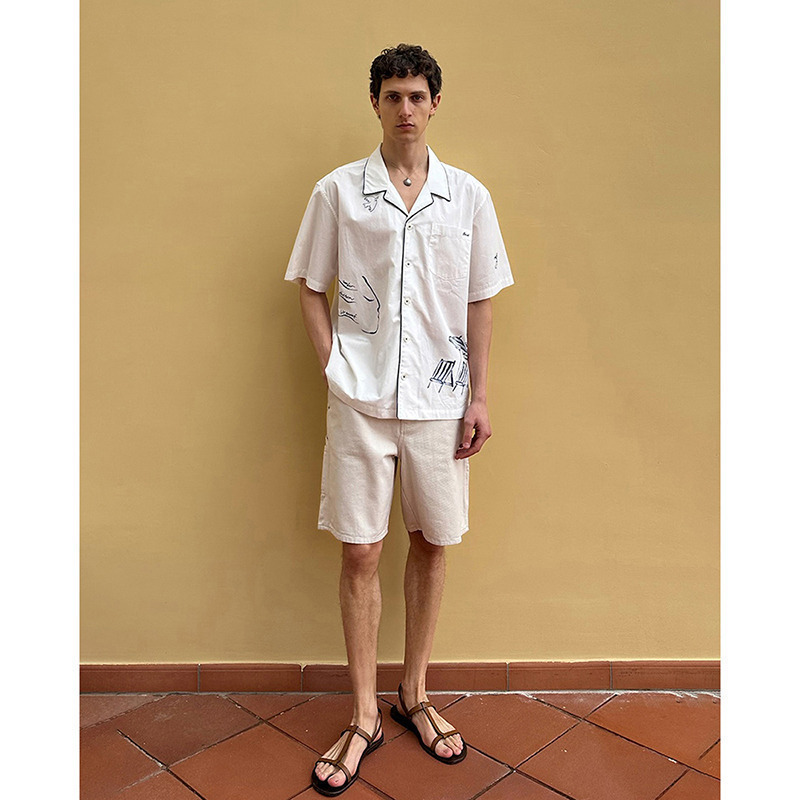 UNISEX HAND-DRAWING OPEN COLLAR SHIRT OCEAN BLUE_M_UDSH5B129B2 - HAGO(하고)