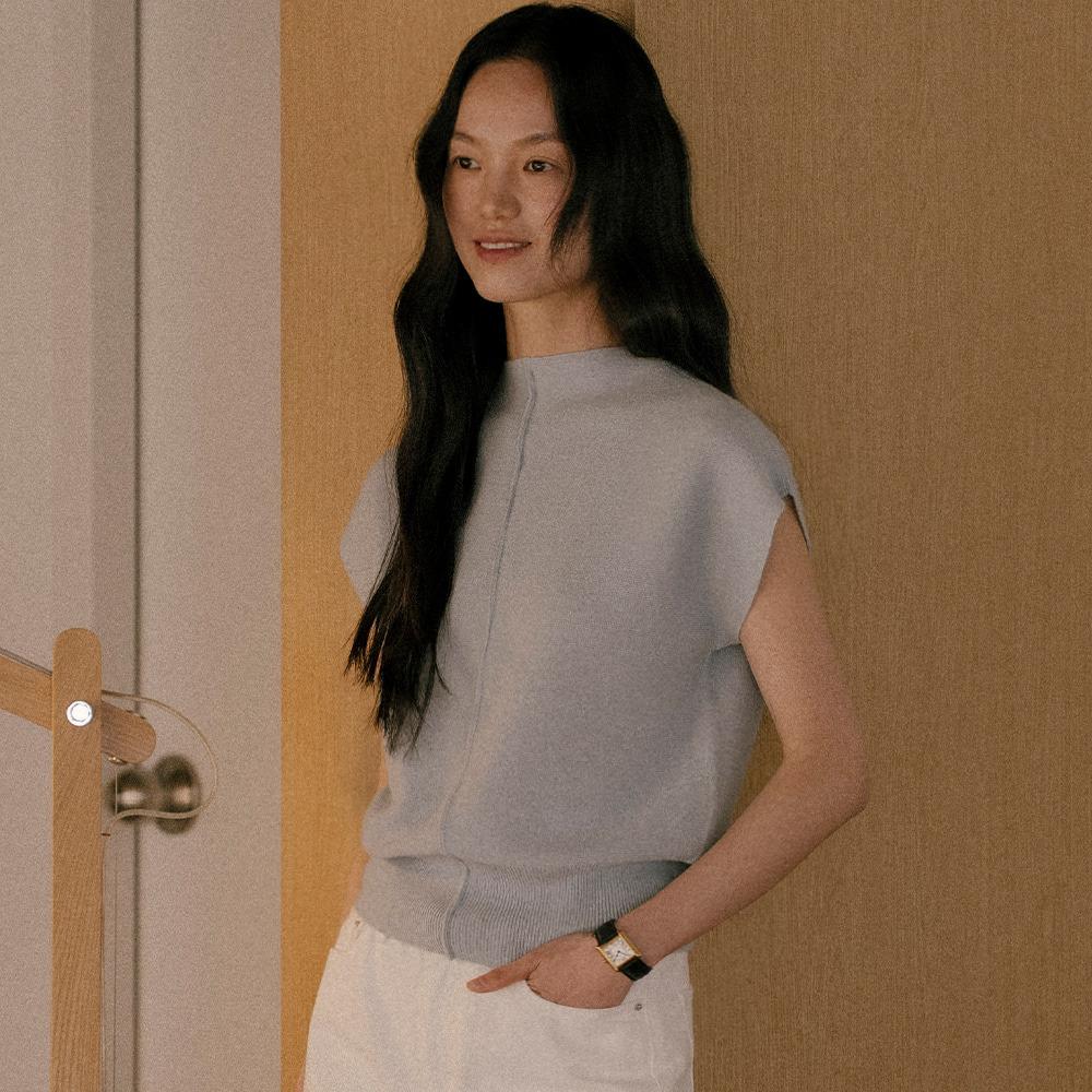Simple neckline slim cash knit_Sky blue - HAGO(하고)