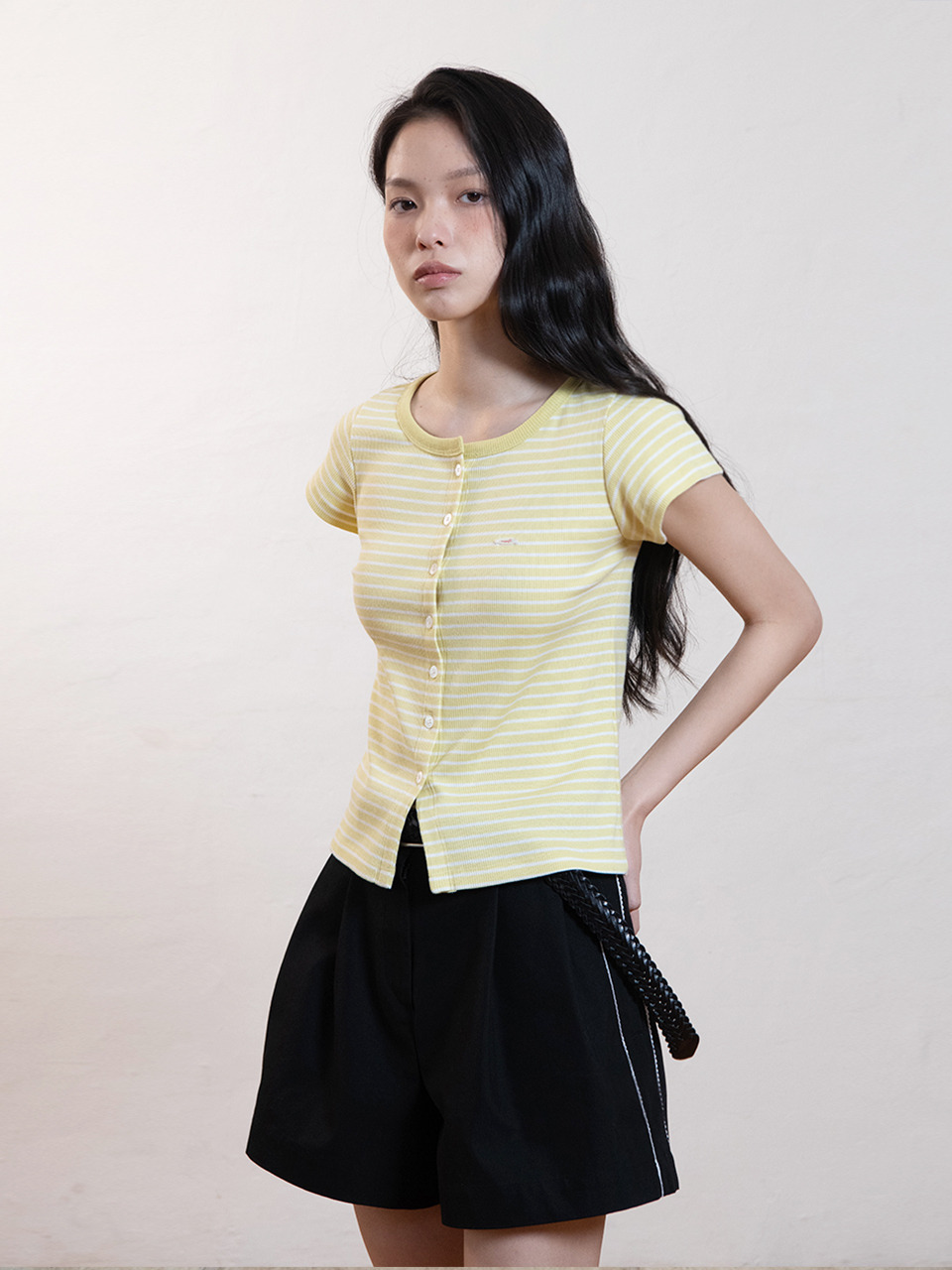 Striped button T-shirt_Yellow - HAGO(하고)