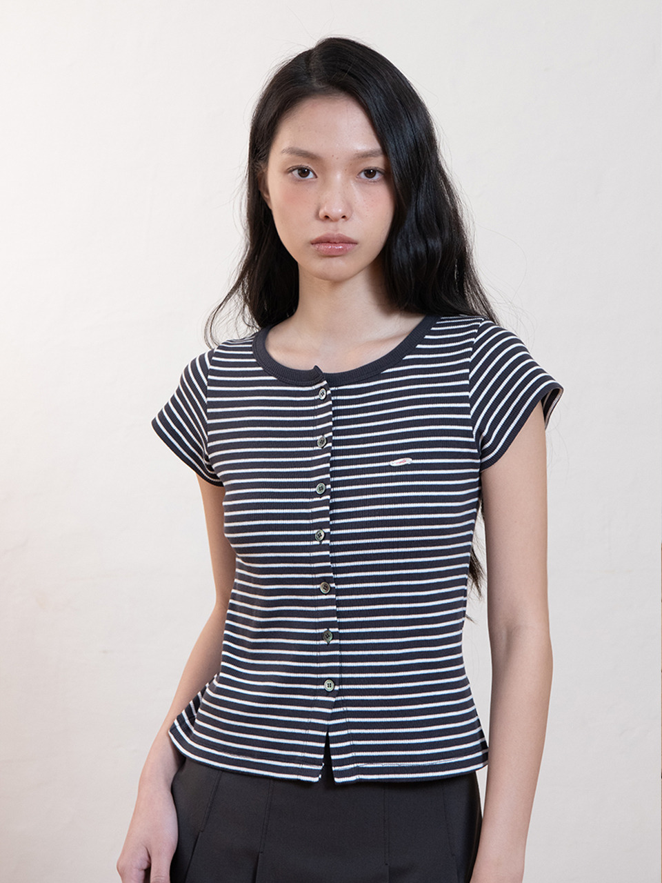 Striped button T-shirt_Charcoal - HAGO(하고)