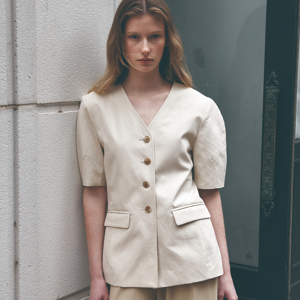 collarless volume sleeve jacket_beige - HAGO(하고)