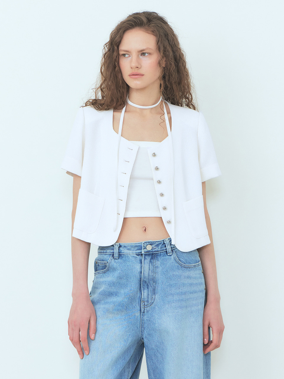 Button Strap Tweed Jacket, White - 하고(HAGO)