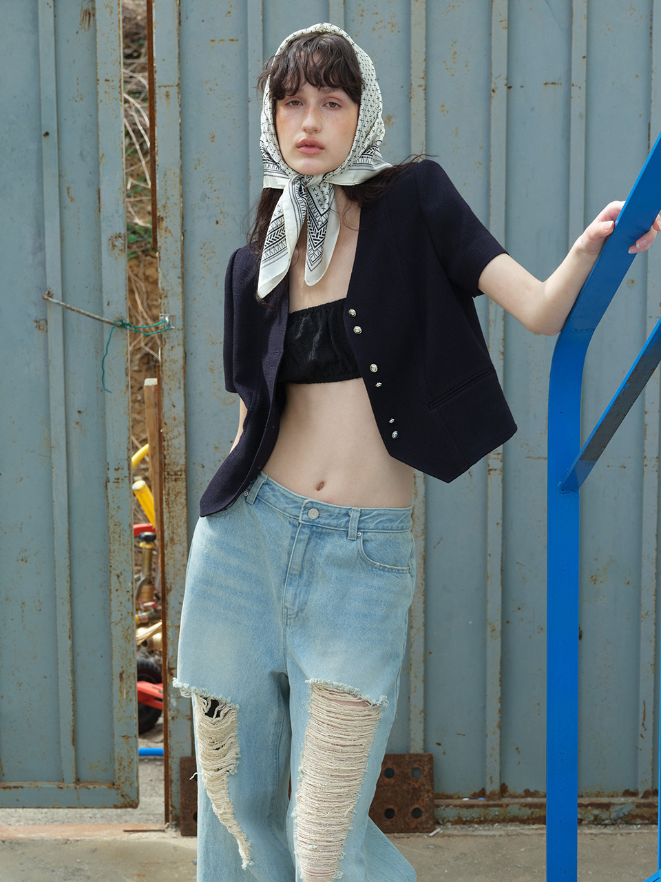 Double Button Tweed Jacket, Navy - 하고(HAGO)