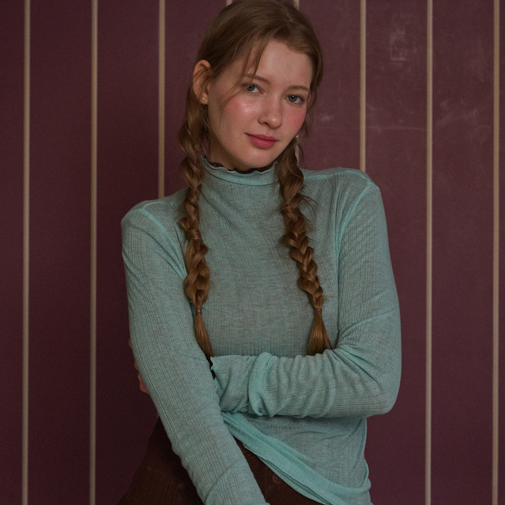 Wave Stitch Half-Neck Long Sleeve Emerald mint - HAGO(하고)