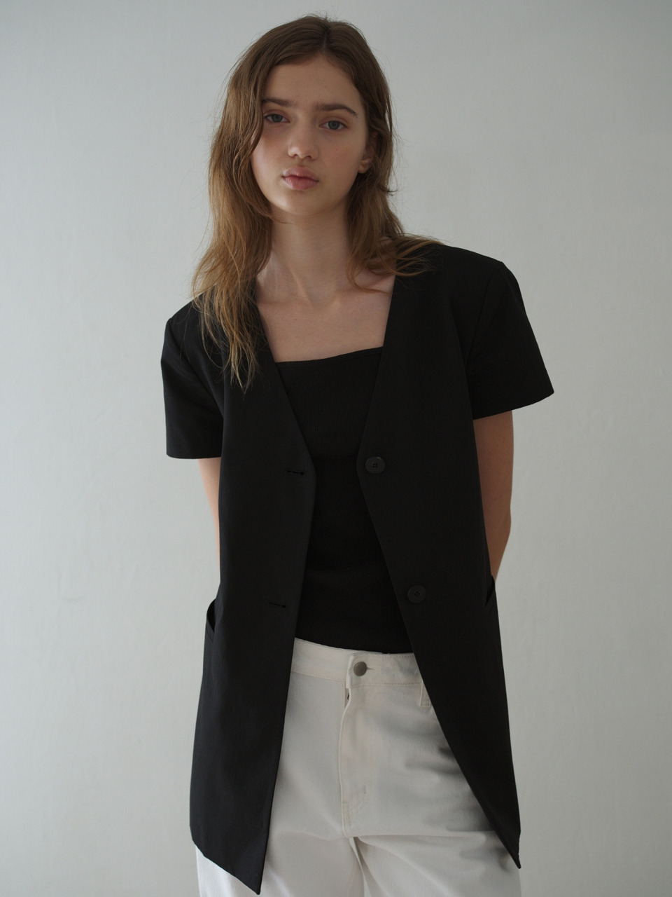 COLLARLESS LINEN JACKET_BLACK - HAGO(하고)