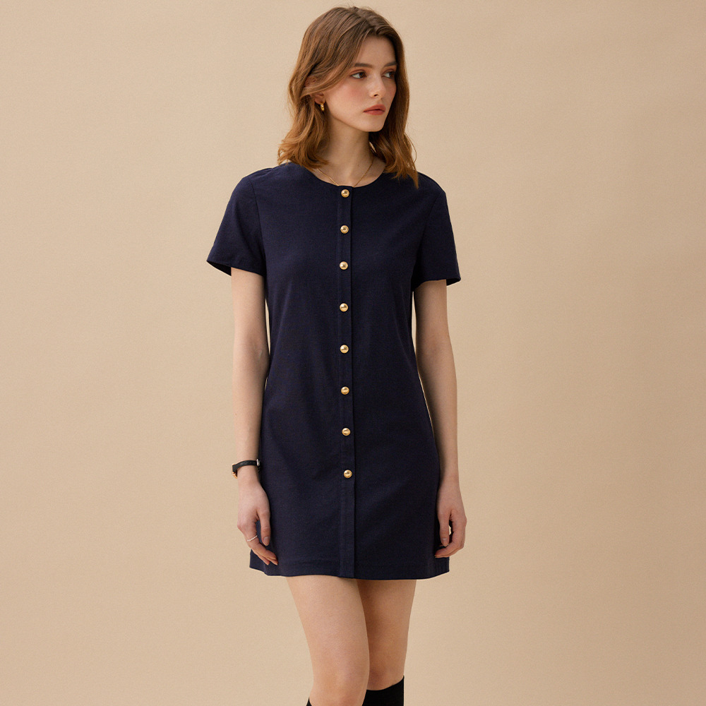 LENTINA linen button dress_navy - HAGO(하고)