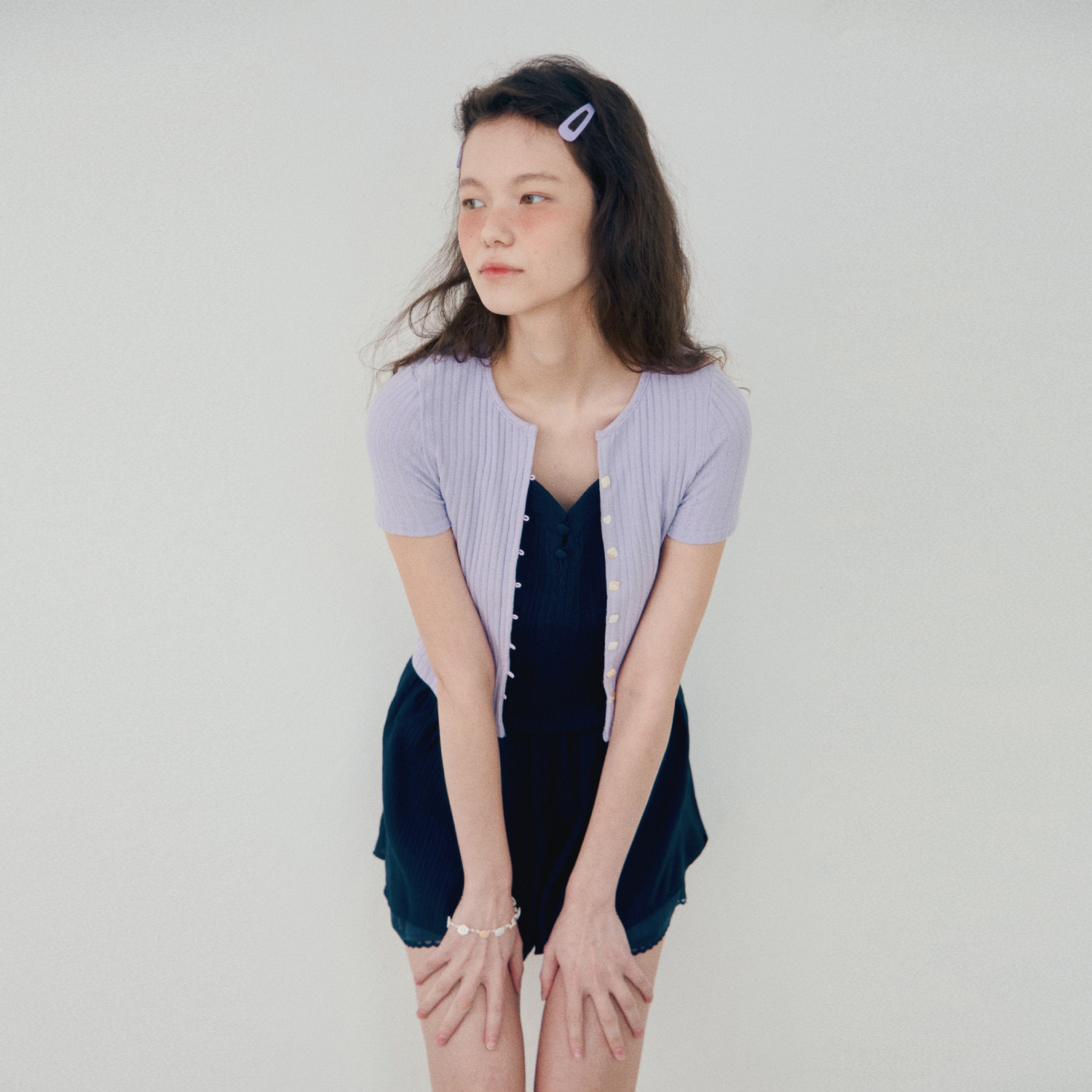 리브드 버튼 니트 가디건_Lavender - HAGO(하고)