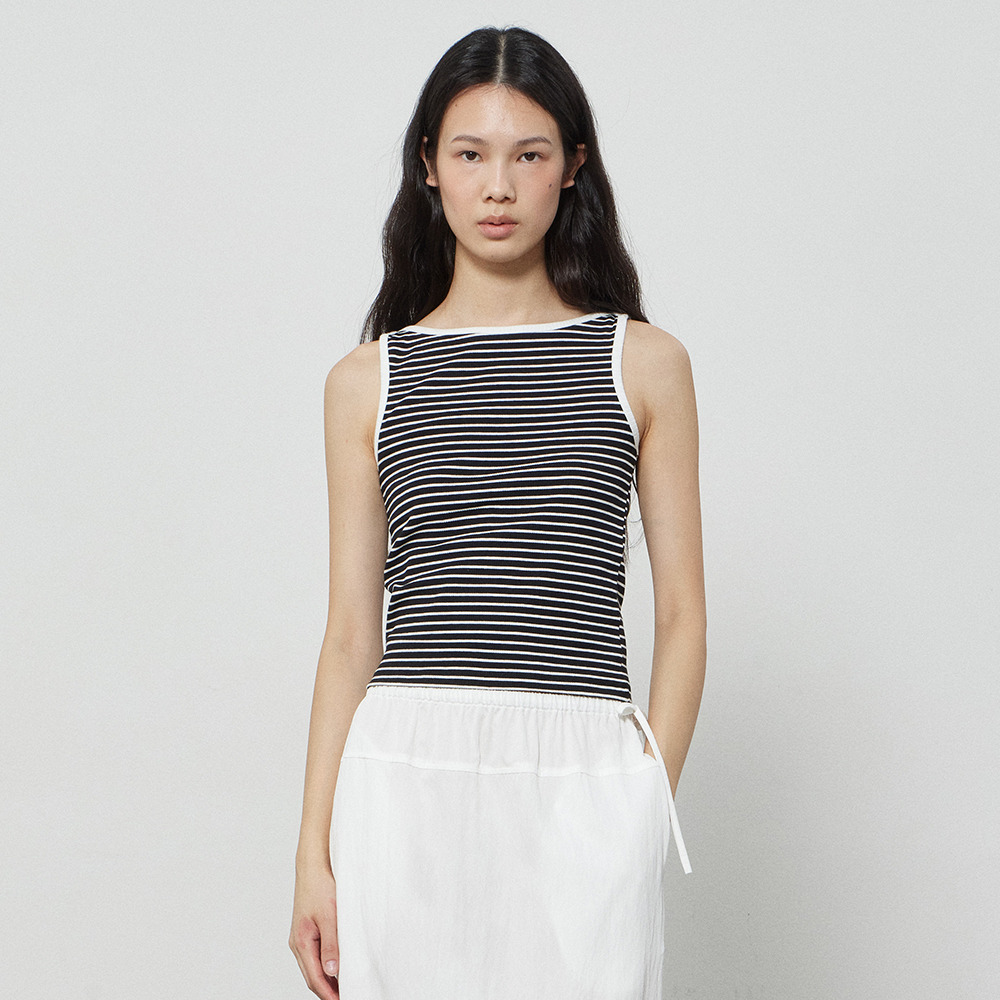 STRIPE BOAT NECK SLEEVELESS TOP - BLACK - HAGO(하고)