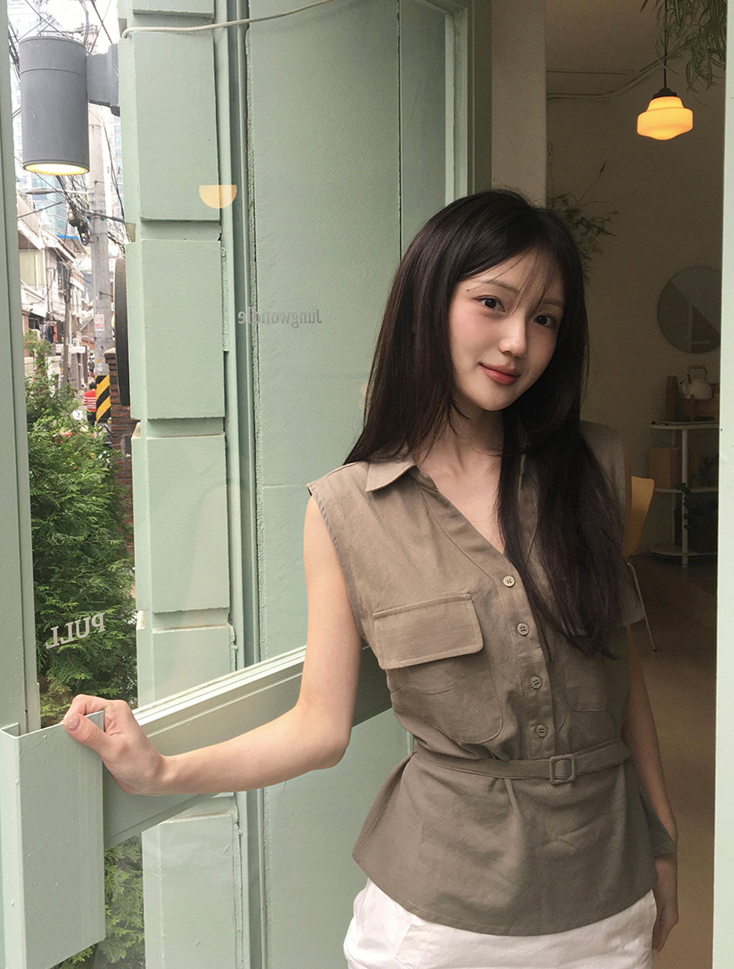 [3%중복쿠폰][TWEE] [희경`pick] 해시드 카라넥 포켓 블라우스(벨트set) - HAGO(하고)