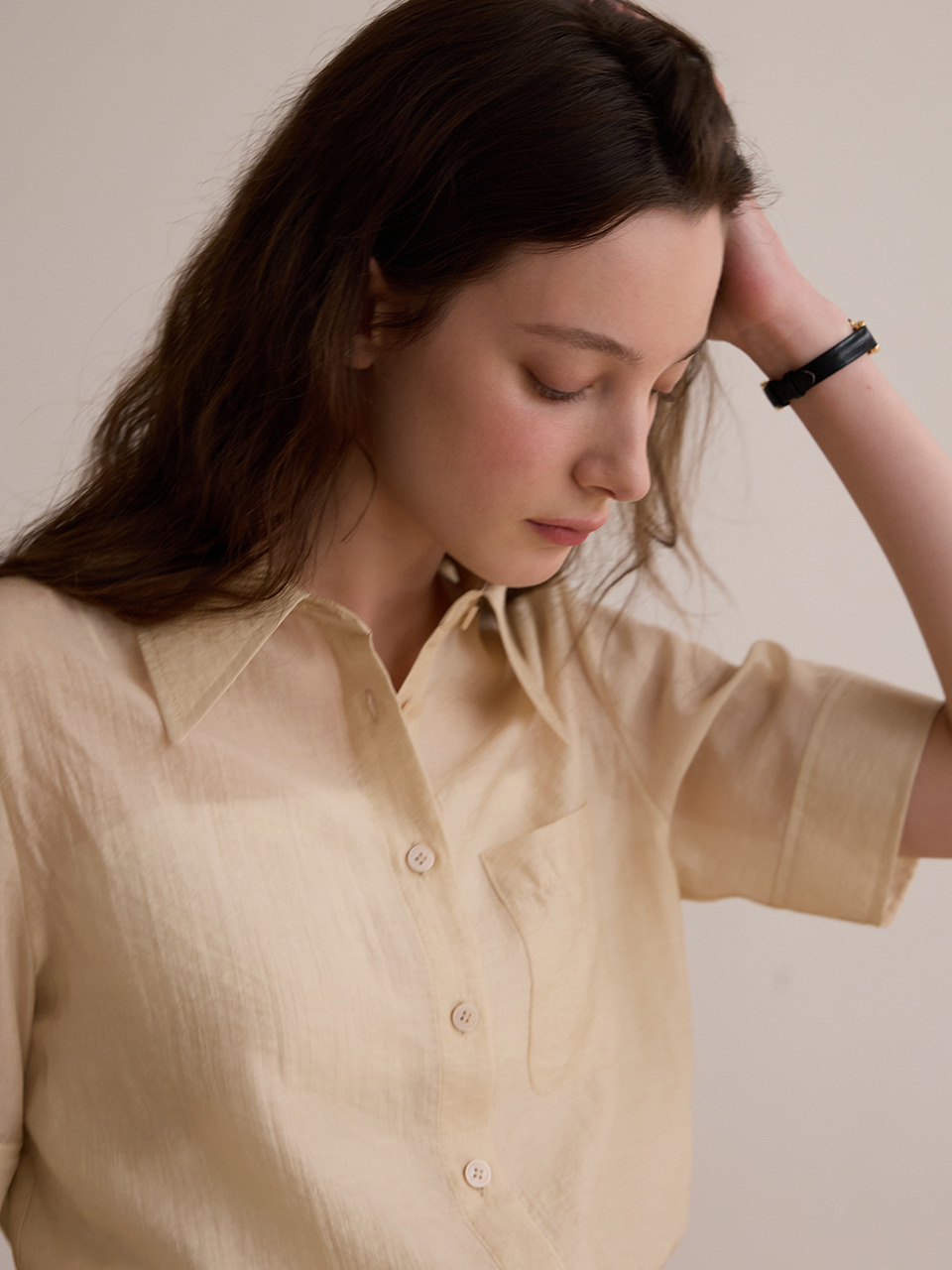 Sheer half sleeve shirt - Beige - HAGO(하고)