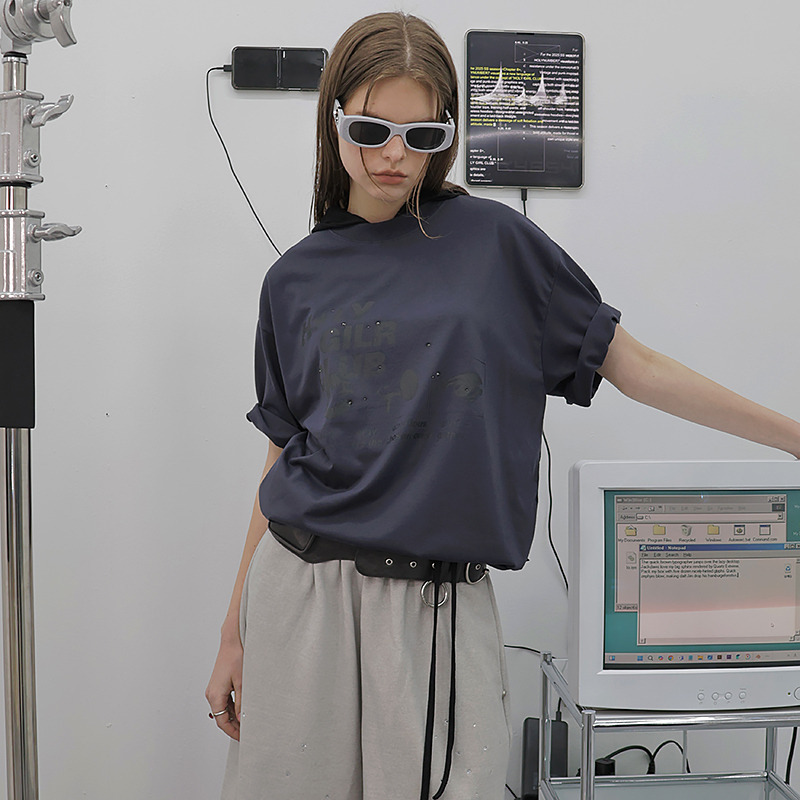 OVERSIZED HIP HOP DANCE STUDIO HOLY GIRL CLUB GRAPHICS SHORT SLEEVE T-SHIRT _CHARCOAL - HAGO(하고)