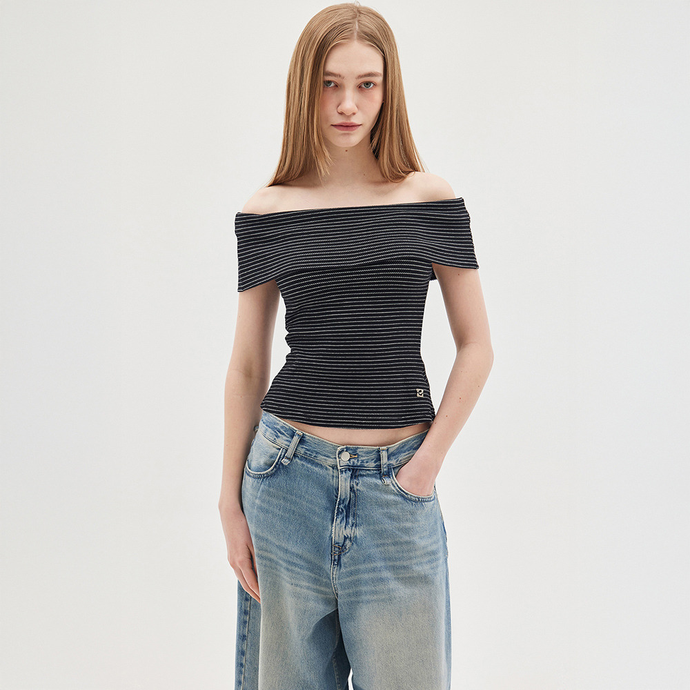 WAFFLE STRIPED OFF-SHOULDER TOP_T513TP115(BK) - HAGO(하고)