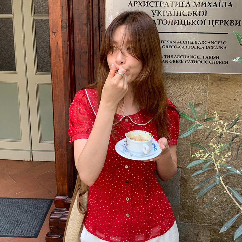 파나마 피터팬 카라 핀턱 블라우스 (Red dot/Navy dot) - HAGO(하고)