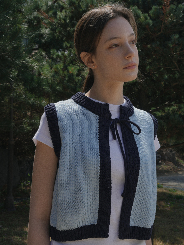 Ribbon Cotton Knit Sleeveless Vest (sky blue) - HAGO(하고)