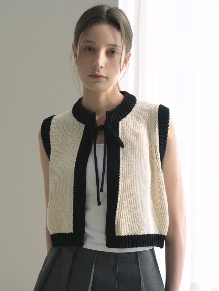 Ribbon Cotton Knit Sleeveless Vest (ivory) - HAGO(하고)