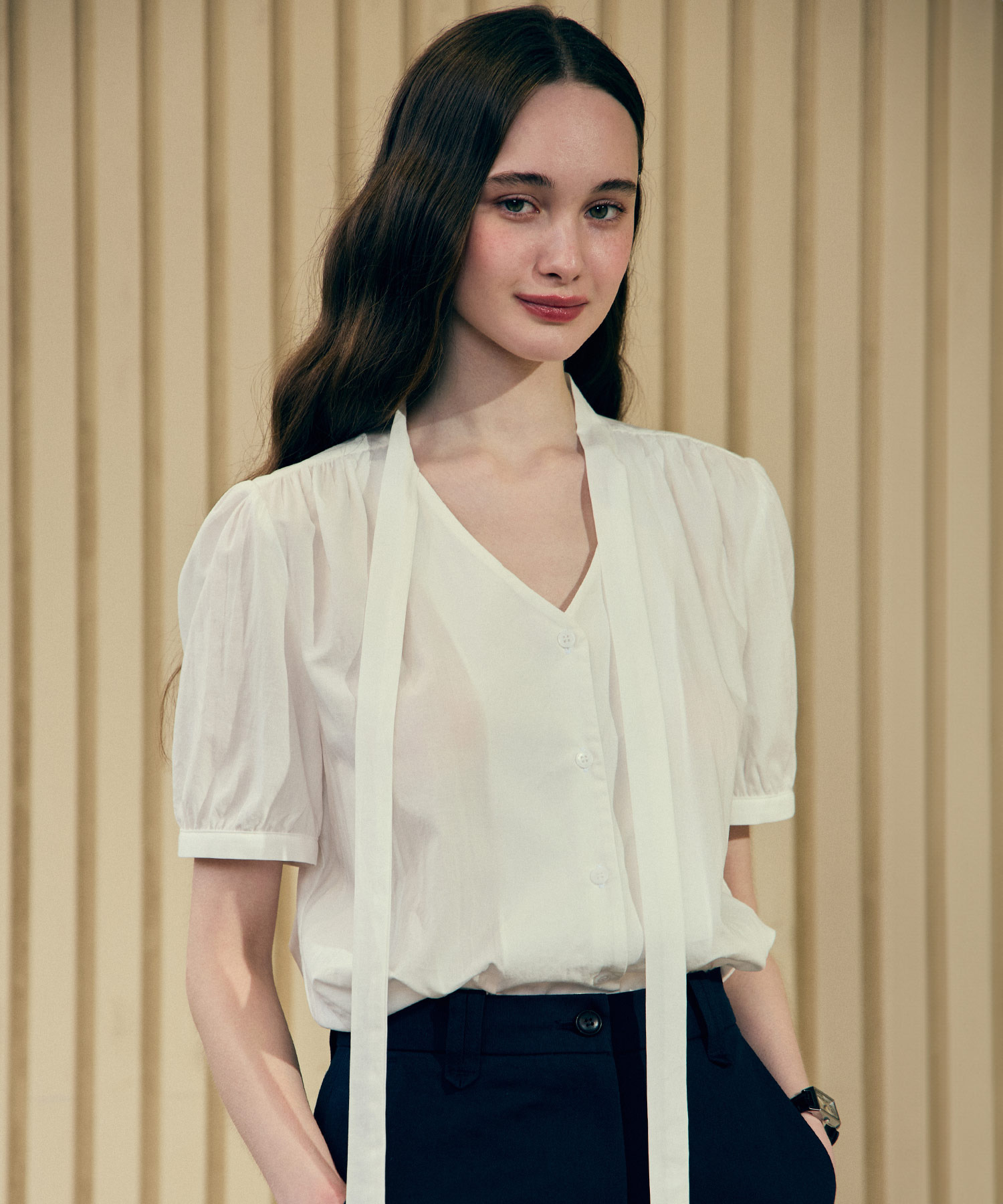Tie Collar Shirring Half Sleeve Blouse - White - HAGO(하고)