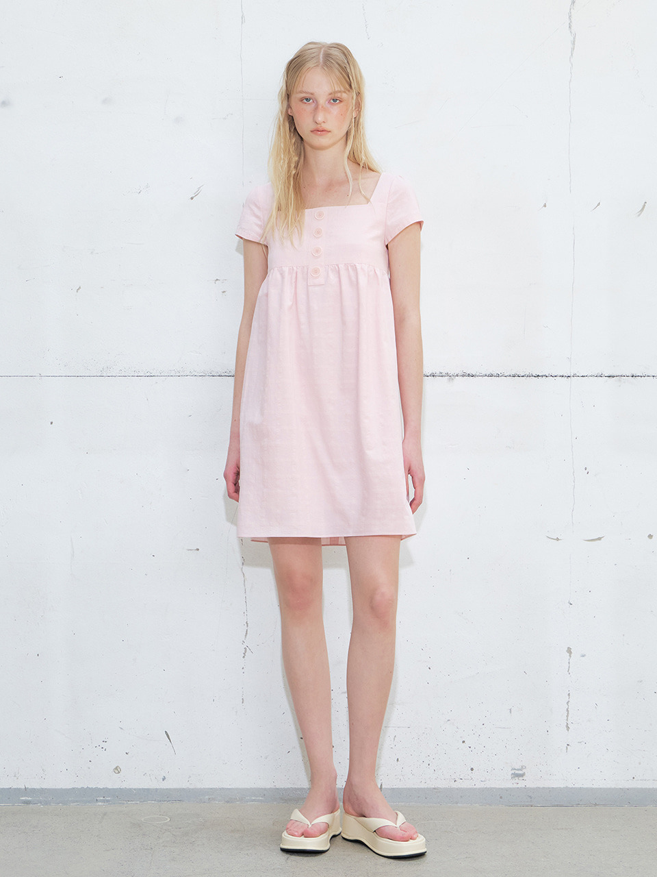 Square Button Mini Dress, Pink - HAGO(하고)