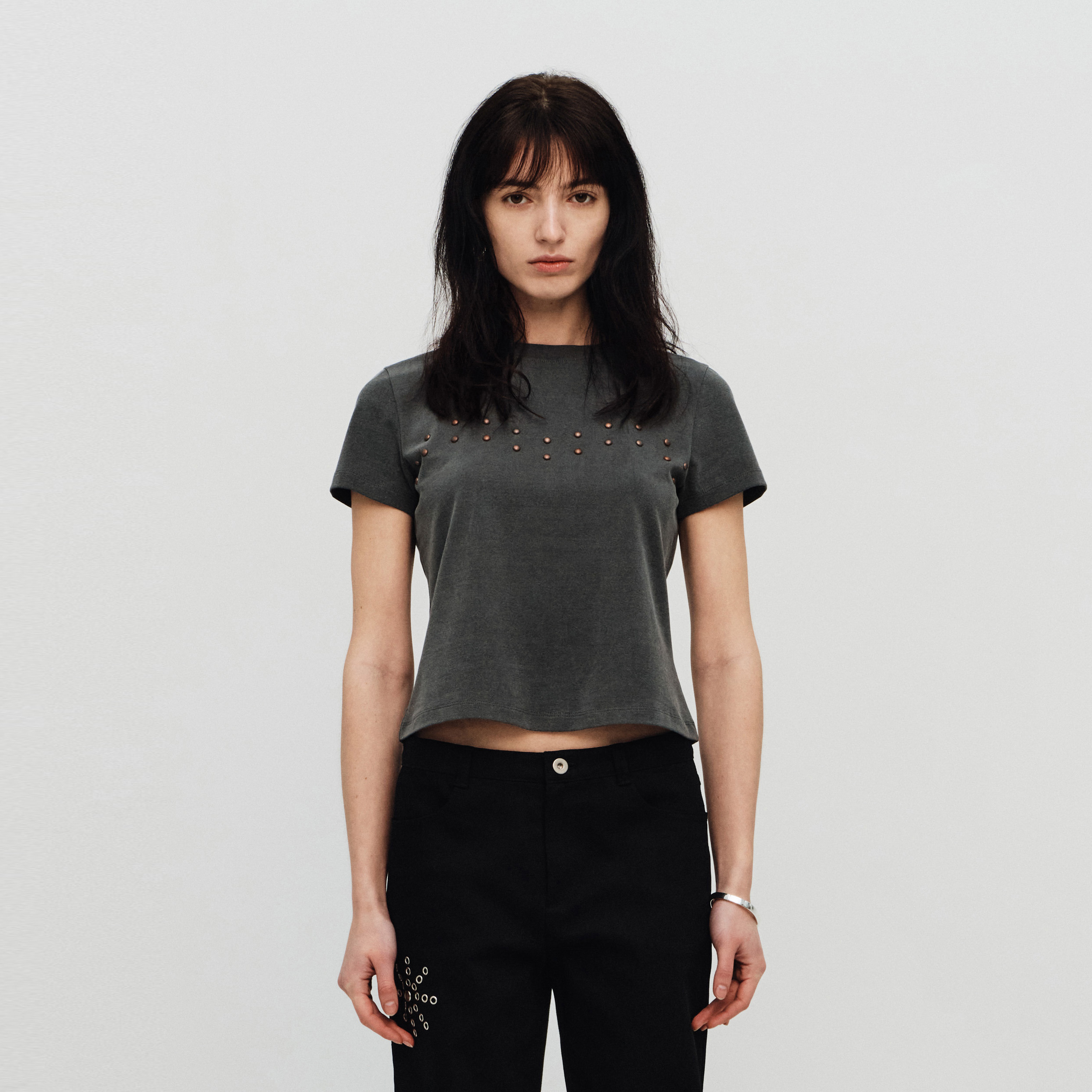 STUD PIGMENT HALF SLEEVE TOP (CHARCOAL) - HAGO(하고)