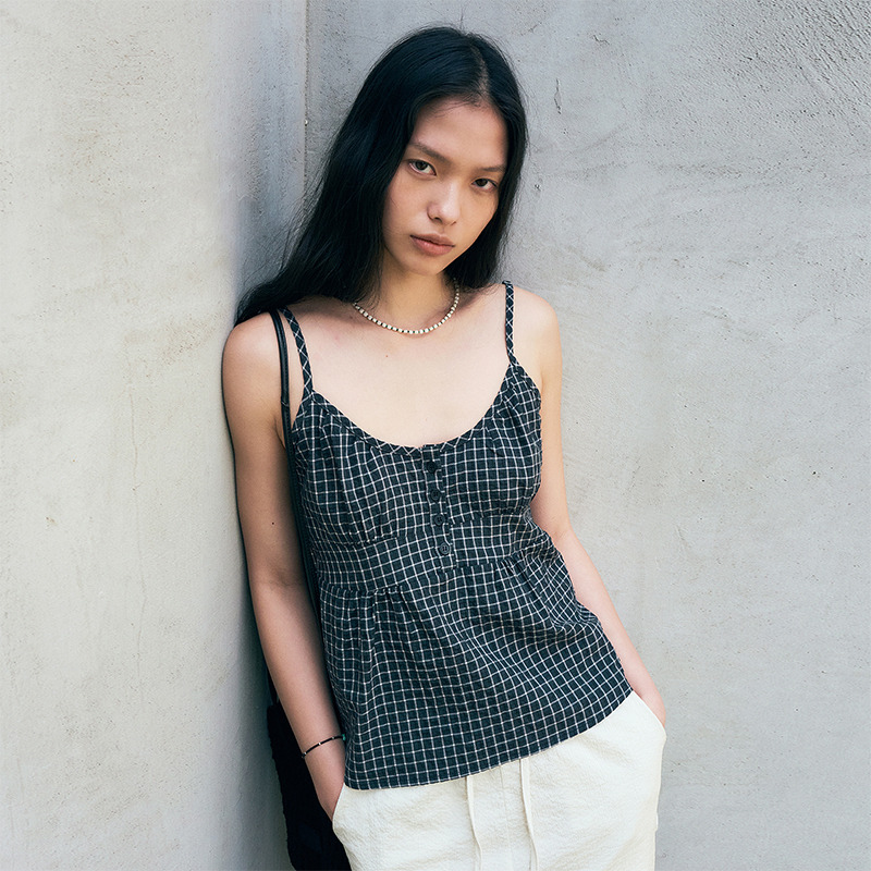 Check Sleeveless Blouse (Black) - HAGO(하고)