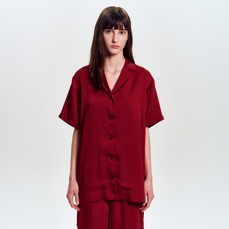 Satin Silky Open Half Shirt_Burgundy - HAGO(하고)
