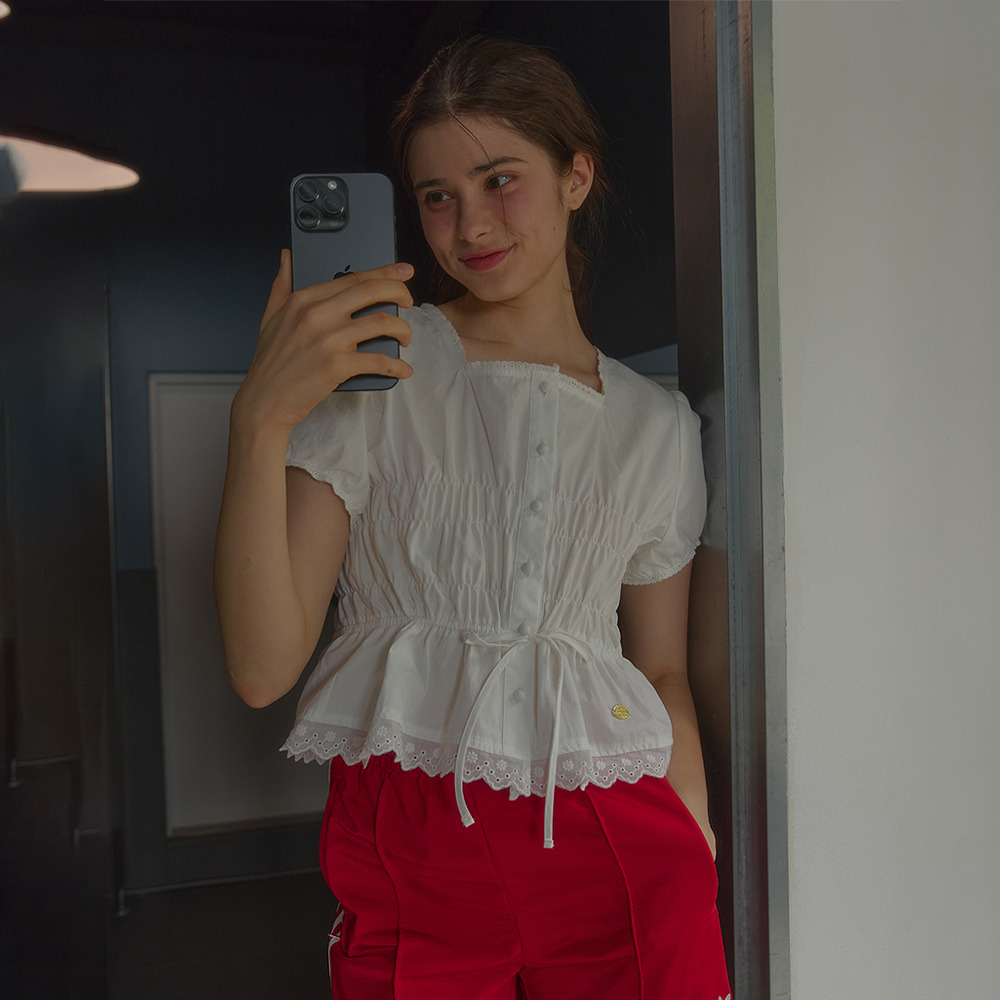 ANC SQUARE NECK SHIRRING STRING BLOUSE_WHITE - HAGO(하고)