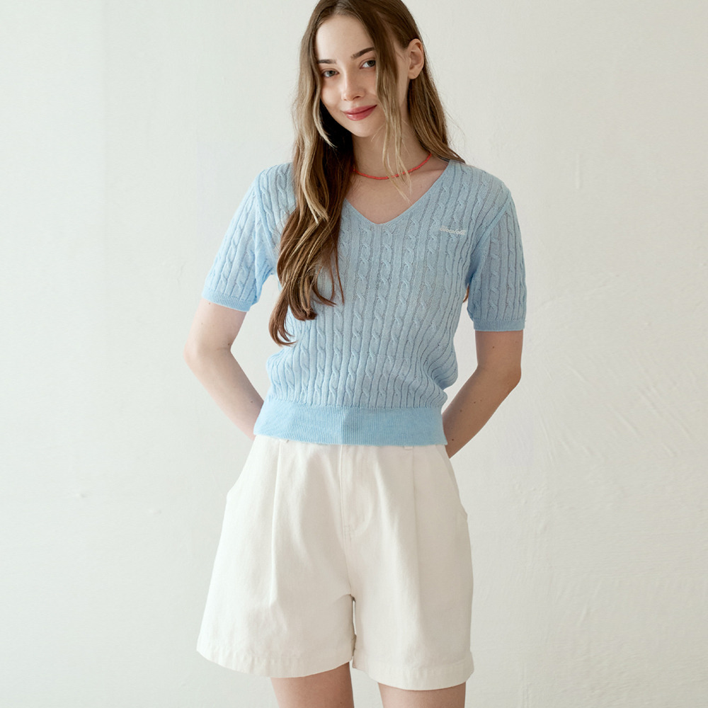 Summer cable v-neck knit - Sky blue - HAGO(하고)
