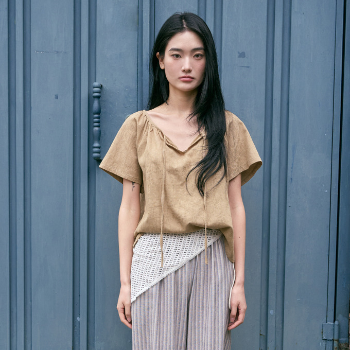 String Shirring Blouse (Khaki) - HAGO(하고)