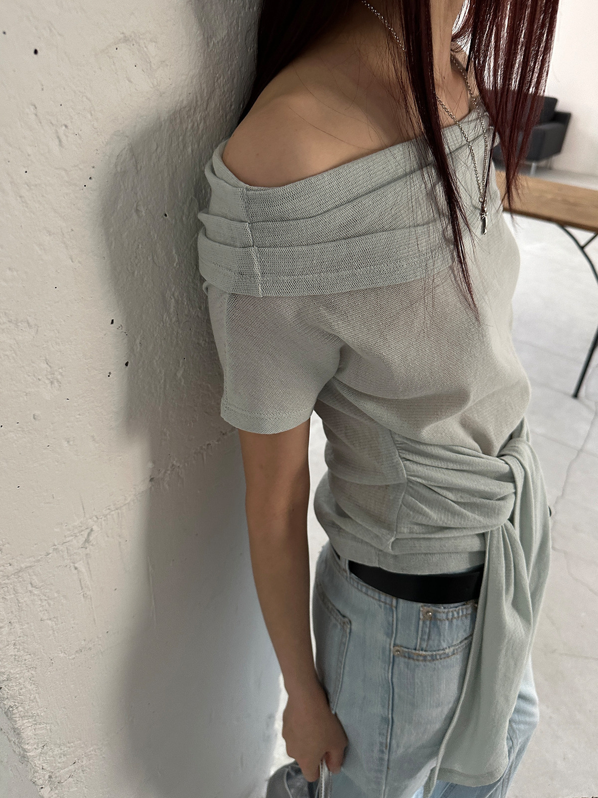 [하고에디트]MESH OFF-SHOULDER TEE (MINT) - HAGO(하고)