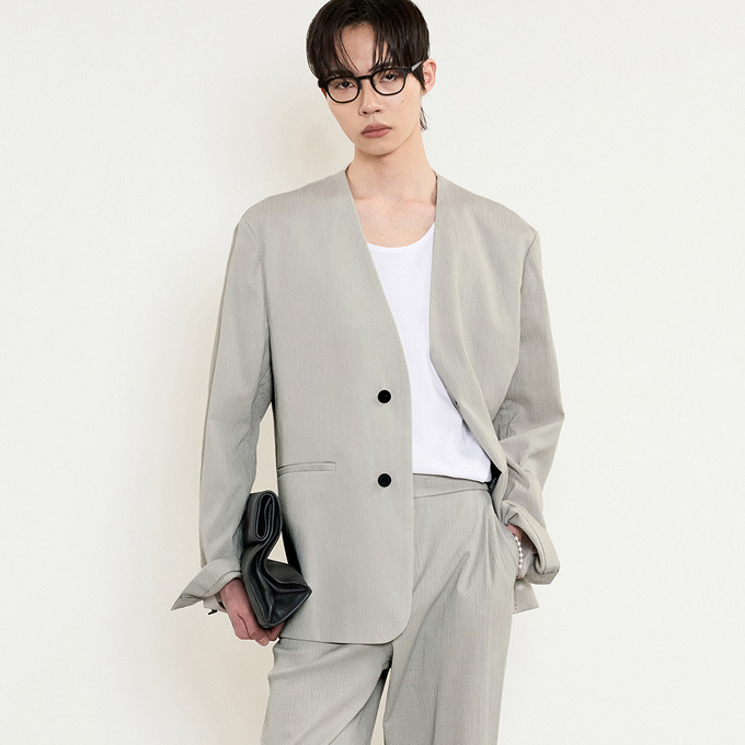 Kinoshita Seersucker Collarless Jacket (Light Beige) TNJA5E203I2 - HAGO(하고)