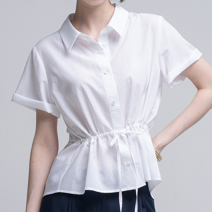Drawstring waist back buttons shirt - white - HAGO(하고)