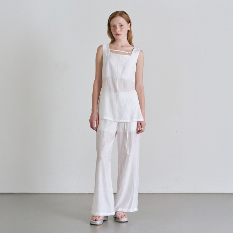 String Point Sleevless Top+Summer waist string pants_White_SET - HAGO(하고)