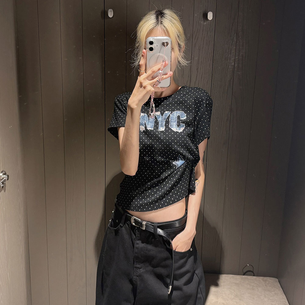 Denim Patch Graphic Dot T-Shirt_Black - HAGO(하고)