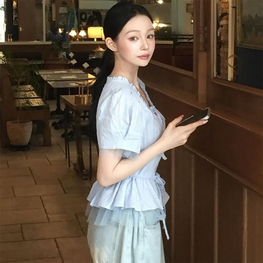 Sheer Layered String Half Blouse_Blue - HAGO(하고)