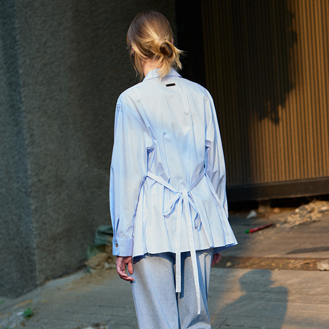 Sheer Layered Belted Shirt Light Sky Blue - HAGO(하고)