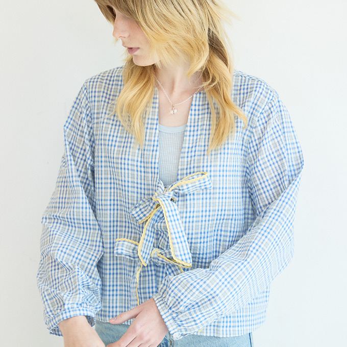 Sheersucker Ribbon Blouse Blue Check - HAGO(하고)