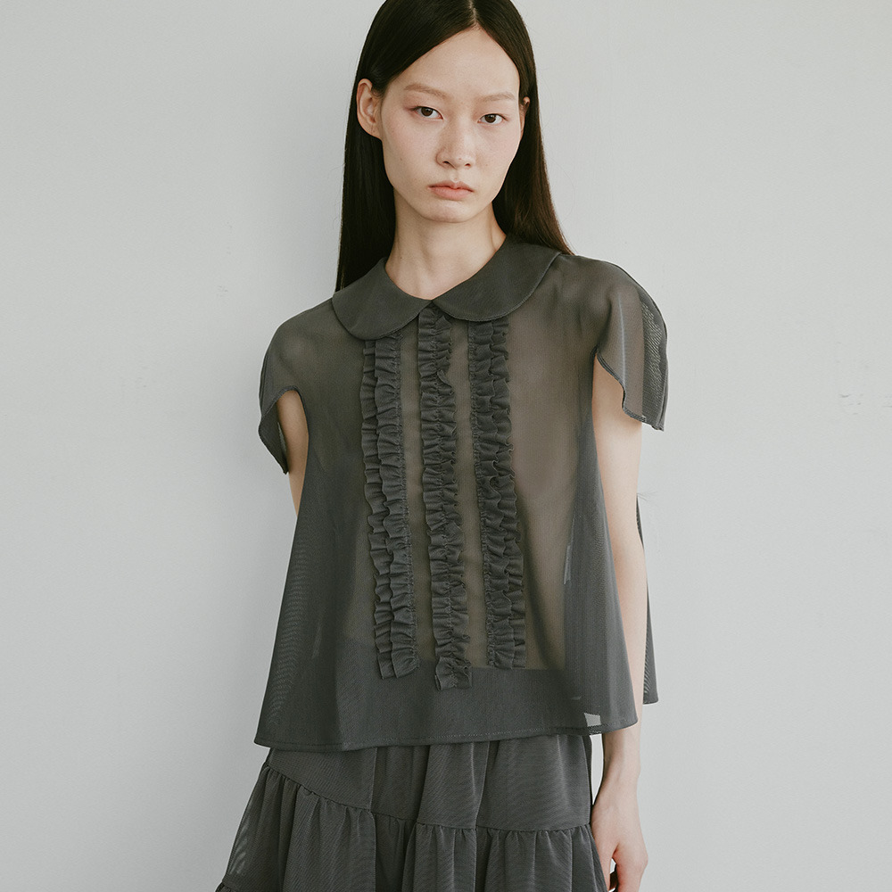 SEETHROUGH FRILL BLOUSE, CHARCOAL - HAGO(하고)