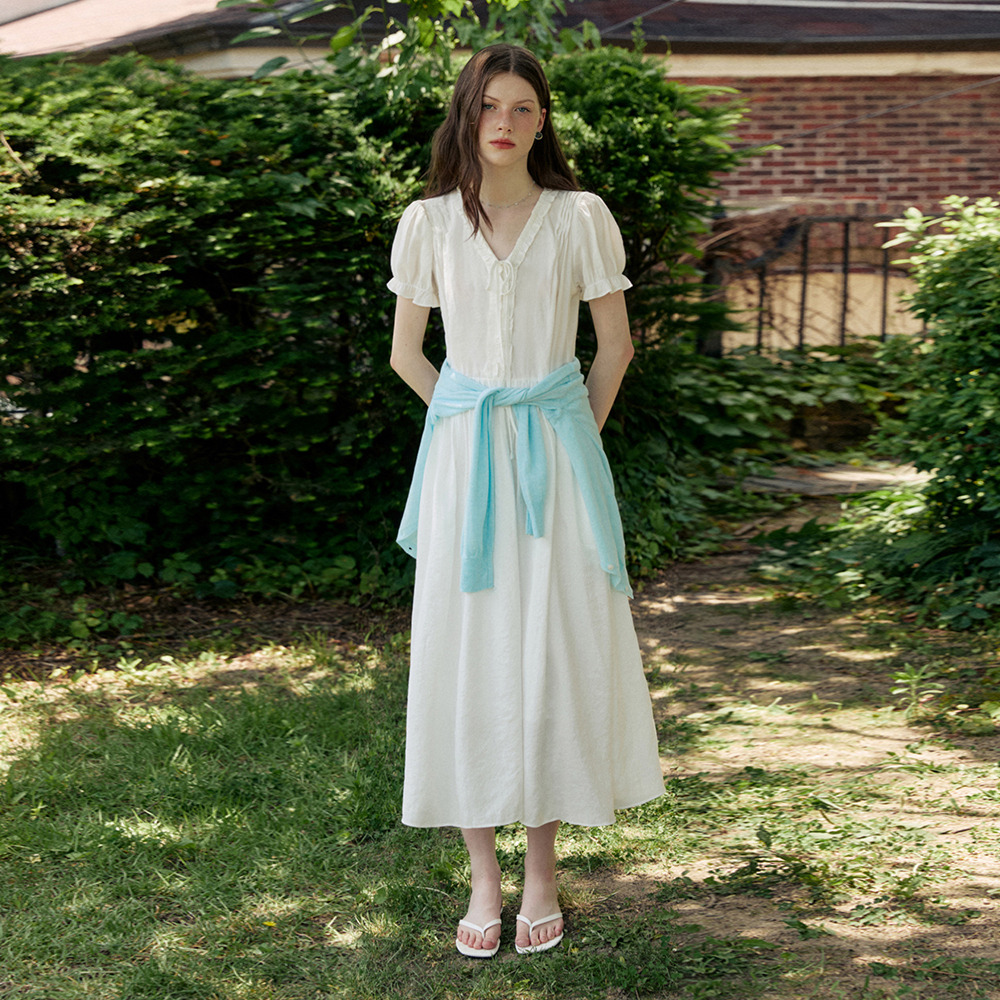 Frill line v neck pintuck long dress - white - HAGO(하고)