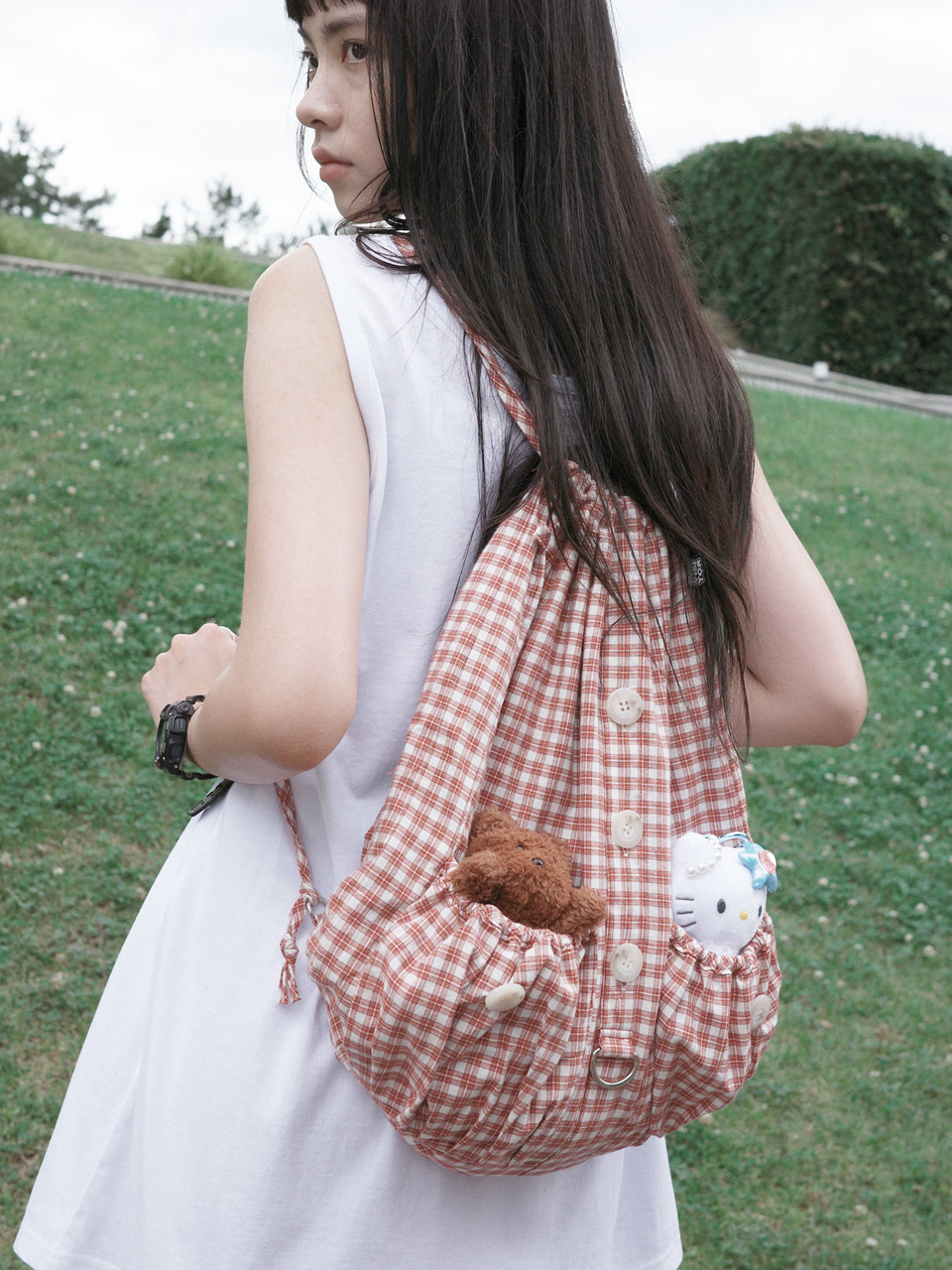 Check-shirt String Back [Red] - HAGO(하고)