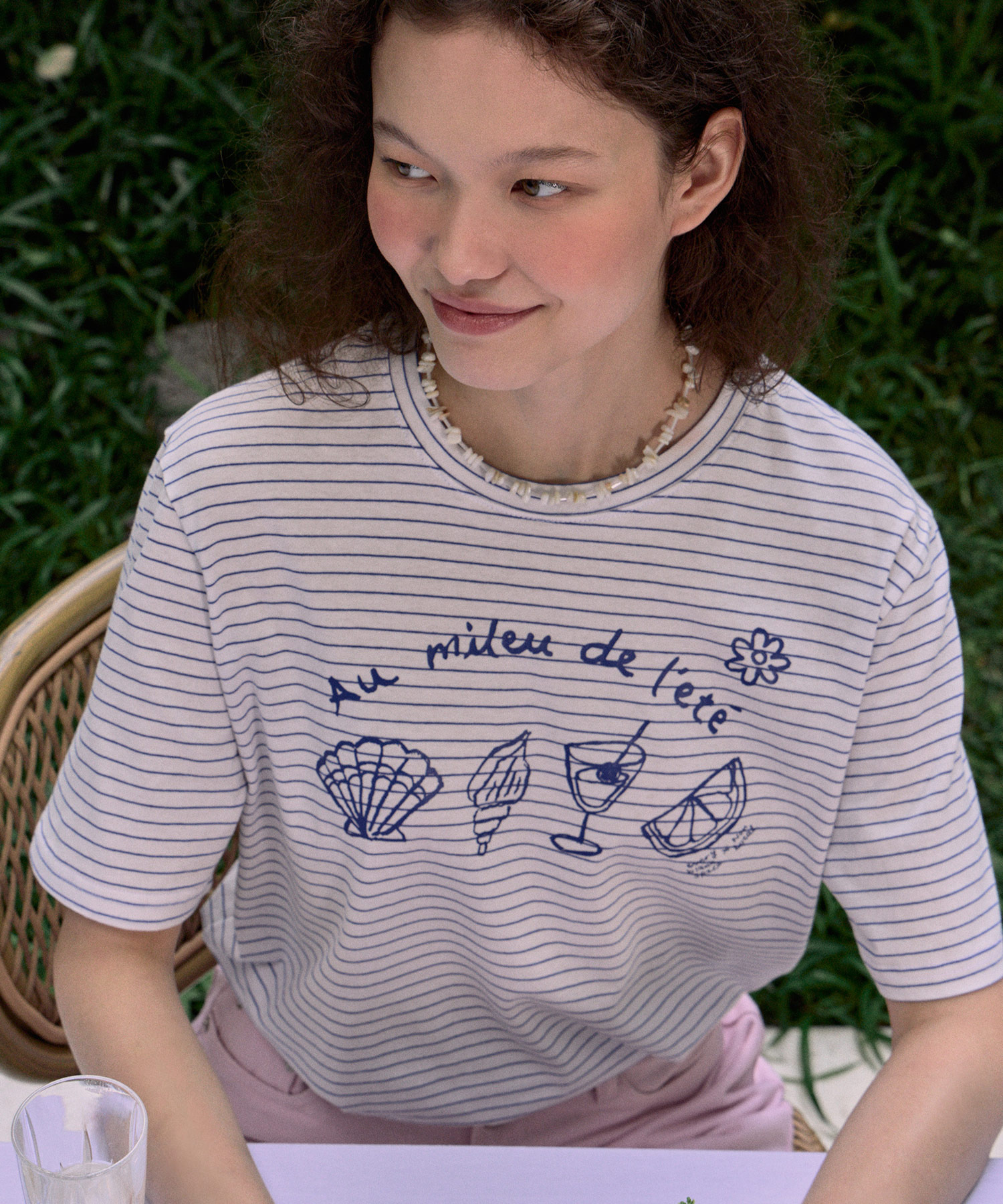 [논로컬 X 이하여백] Seaside Motive Hand Drawing Stripe T-shirt - Blue - HAGO(하고)