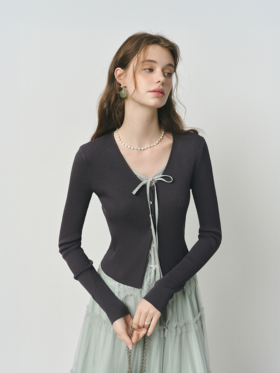 WD_Lace stitching ribbon cardigan - HAGO(하고)