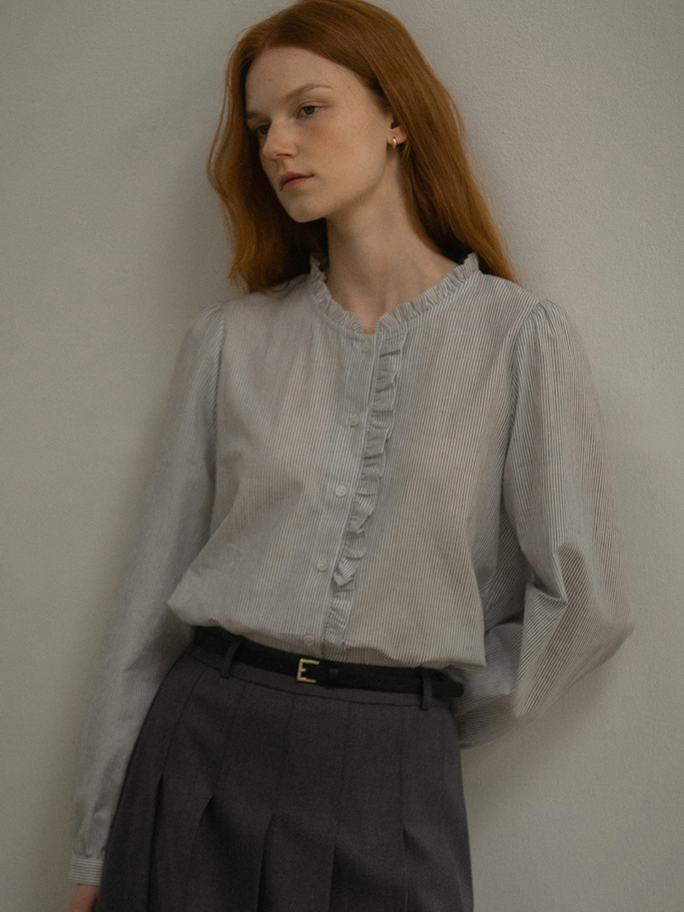 Soft stripe frill blouse [KNFW03BL02]_Navy - HAGO(하고)
