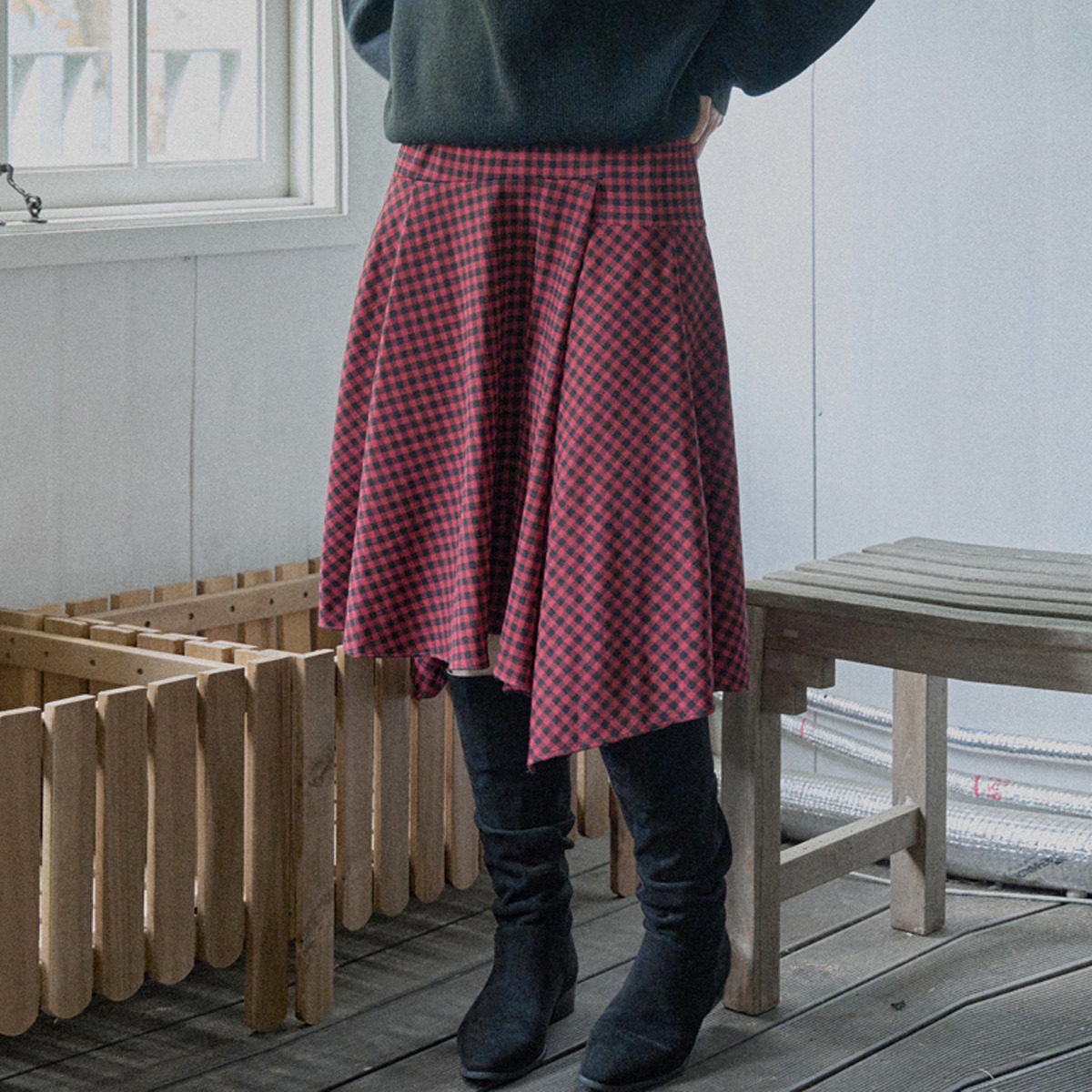Unbalanced Check Skirt - RED - HAGO(하고)