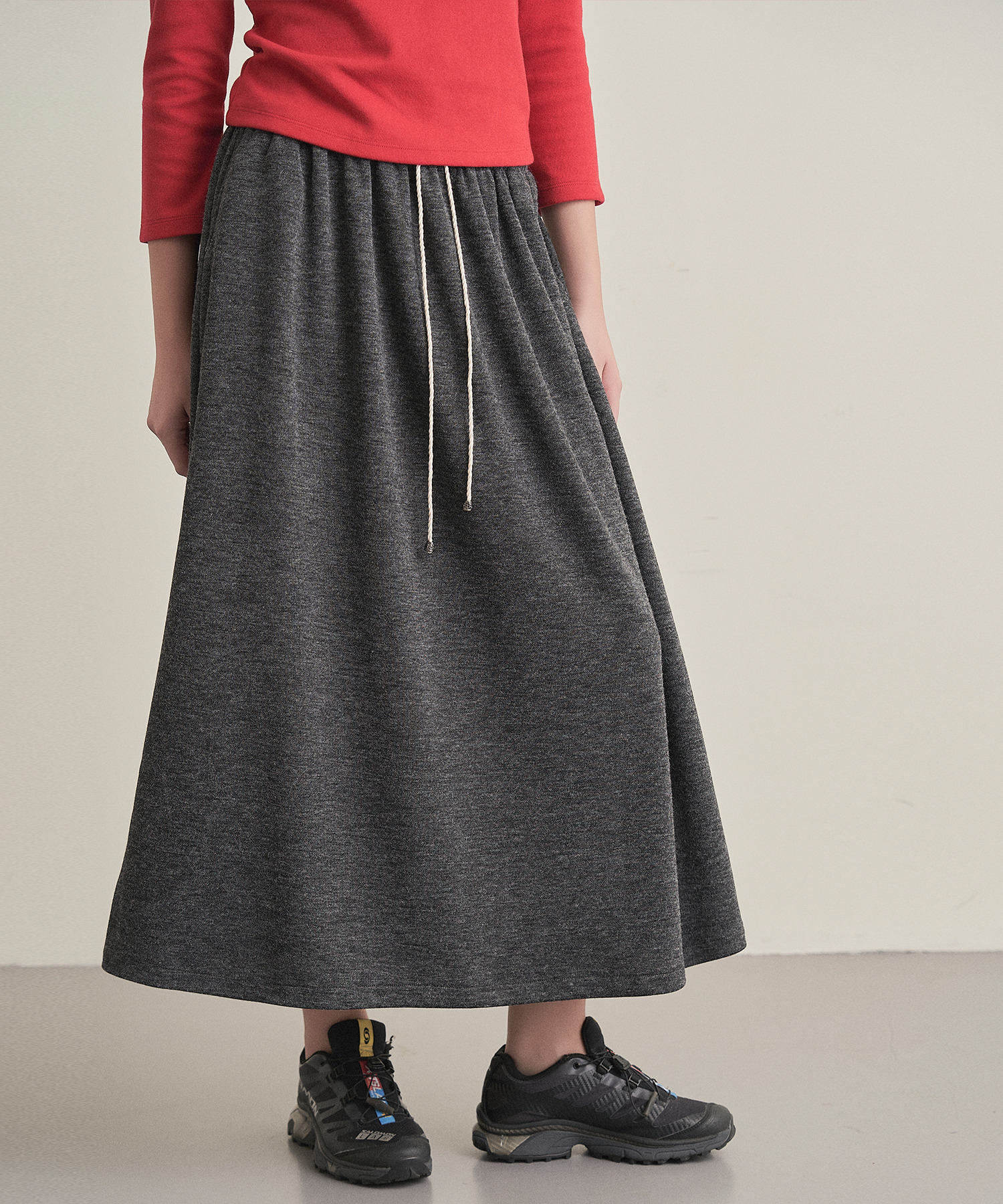 Soft Knit Touch Drawstring Long Skirt _ Charcoal - HAGO(하고)
