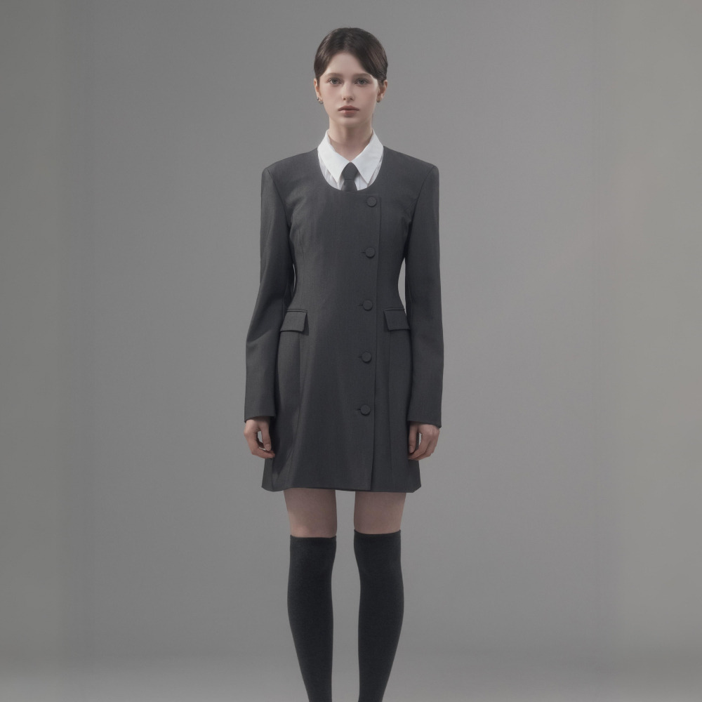 Jenn round neck suit jacket dress - Grey(Long) - HAGO(하고)