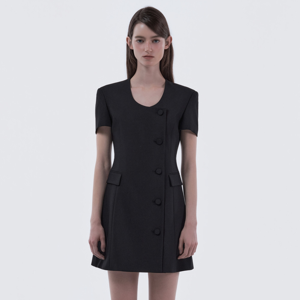 Jenn Round Neck Half-Sleeve Suit Jacket Dress - Black - HAGO(하고)