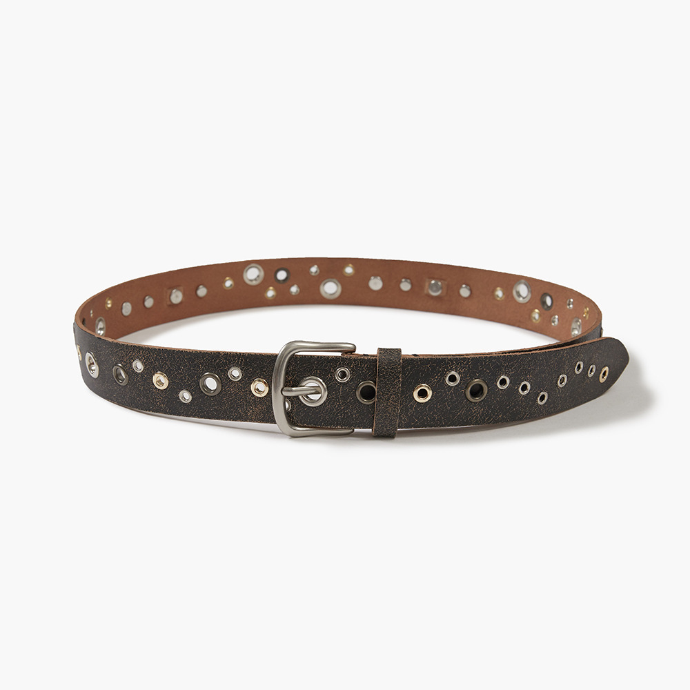 EYELET CRACK LEATHER BELT_dark brown - HAGO(하고)